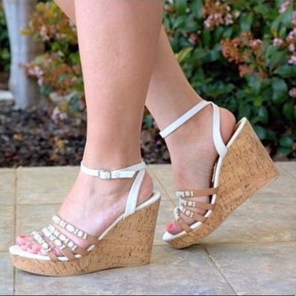 Urban Outfitters | Shoes | Ivory Embellished Cork Platform Wedge Sandal ...